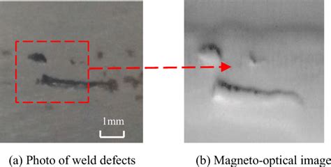 Weld Defect And Its Magneto Optical Image A Photo Of Weld Defects B Download Scientific