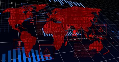 Animation Of Digital World Map Displaying Virus Warnings And Binary