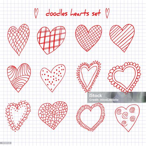 손으로 그린된 스케치의 마음 체크 무늬 노트북 시트에 낙서 발렌타인 디자인에 대 한 벡터 일러스트 레이 션 개체 그룹에 대한