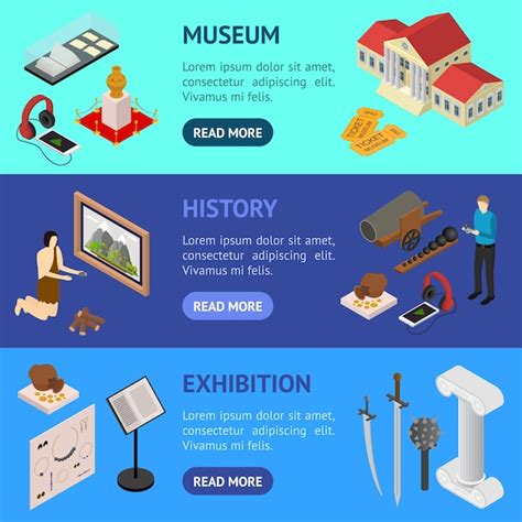 Premium Vector Museum Exhibits Galleries Banner Horizontal Set Isometric View Vector