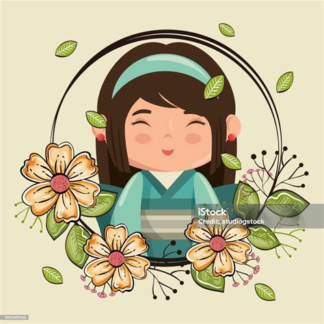 Ilustración De Poco Chica Japonesa Kawaii Con Carácter Flores Y Más