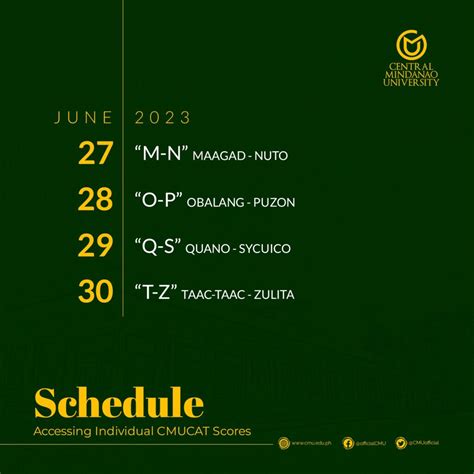 Schedule For Accessing Individual CMUCAT Scores Central Mindanao