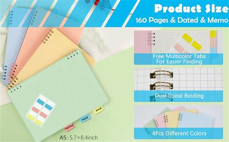 4 Pack A5 Grid Spiral Notebook With 60 Pcs Tabs Aesthetic Graph Paper Notebooks For Babe Work