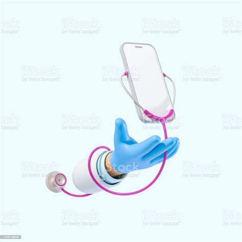 파란색 배경에 전화기와 의료용 청진기를 들고 있는 장갑을 낀 의사의 만화 손 3d 렌더링 3차원 형태에 대한 스톡 사진 및 기타 이미지 3차원 형태 간호사 개념