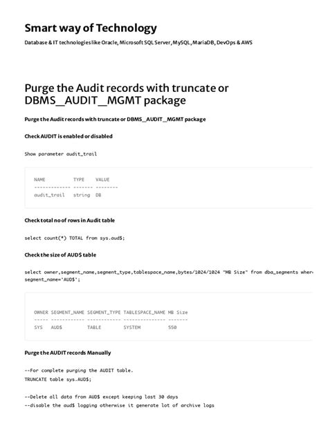 Oracle Audit Purge The Audit Records With Truncate Or Dbms Audit