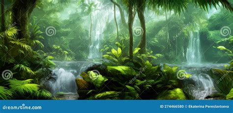 Jungle Waterfall Vector Illustration Fantasy Mystical Fauna Stock Vector Illustration Of