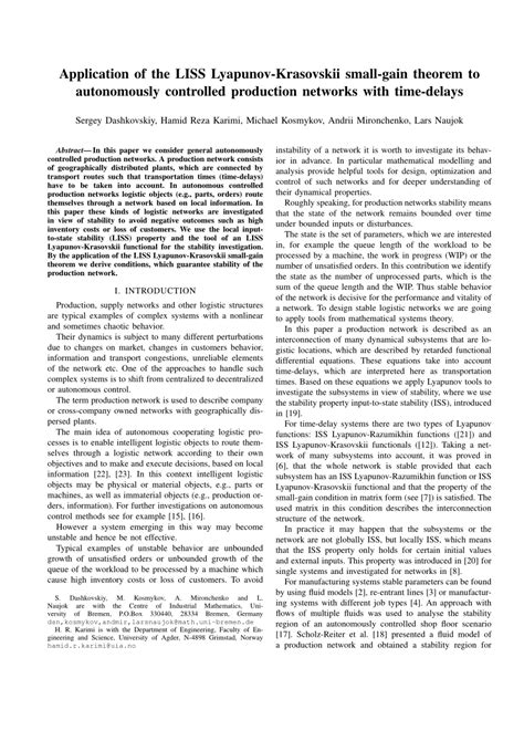 Pdf Application Of The Liss Lyapunov Krasovskii Small Gain Theorem To