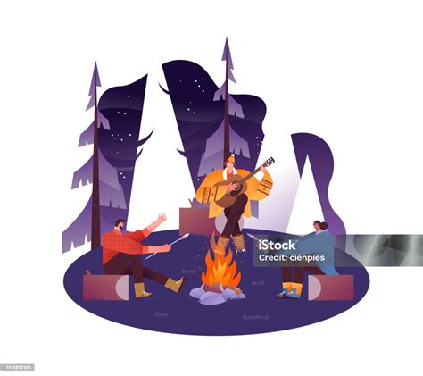 Temanteman Yang Duduk Di Sekitar Api Unggun Hutan Terisolasi Ilustrasi Stok Unduh Gambar