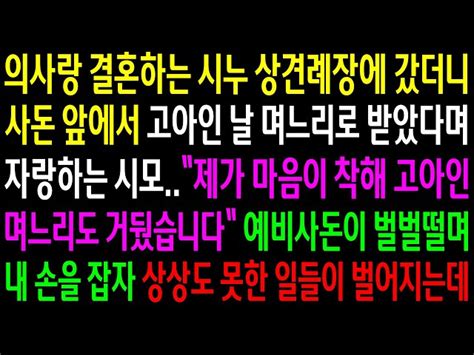 반전사연의사랑 결혼하는 시누 상견례장에 갔더니 사돈 앞에서 고아인 날 며느리로 받았다며 자랑하는 시모예비사돈이 벌벌떨며 내 손을 잡자 신청사연 사이다썰 사연라디오