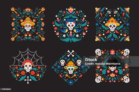 멕시코 죽음의 날 해골 죽은 꽃 축하 할로윈 두개골 라틴 디아 뮤에르토스 장식 히스패닉 전통 장식 전통 장식품 광장 및 서클 카드 벡터 세트 설탕 해골에 대한 스톡 벡터