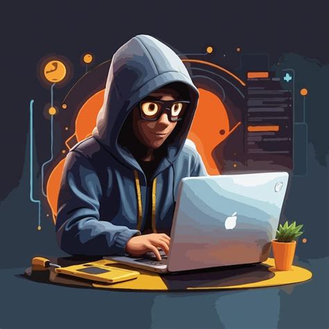 Premium Vector Vector Hacker Operating A Laptop Cartoon Icon Illustration Technology Icon