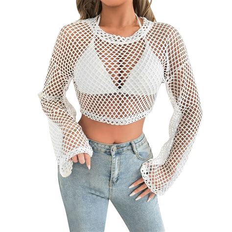 Stetmn Womens Crop Tops Hollow Out Crochet Cover Up See Through Mesh