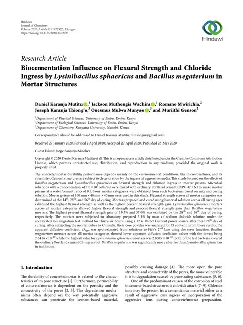Pdf Biocementation Influence On Flexural Strength And Chloride Ingress By Lysinibacillus