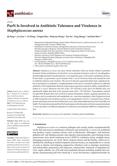Pdf Purn Is Involved In Antibiotic Tolerance And Virulence In Staphylococcus Aureus