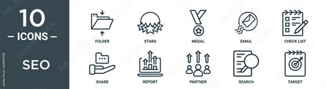 Seo Outline Icon Set Includes Thin Line Folder Stars Medal Email Check List Share Report