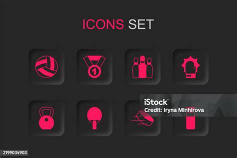 라켓 메달 배구 공 하키 퍽 권투 장갑 펀치 펀칭 백 볼링 핀 및 무게 아이콘을 설정합니다 벡터 1에 대한 스톡 벡터 아트 및 기타 이미지 Istock