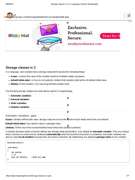 Storage Classes In C C Language Tutorial Studytonight Pdf