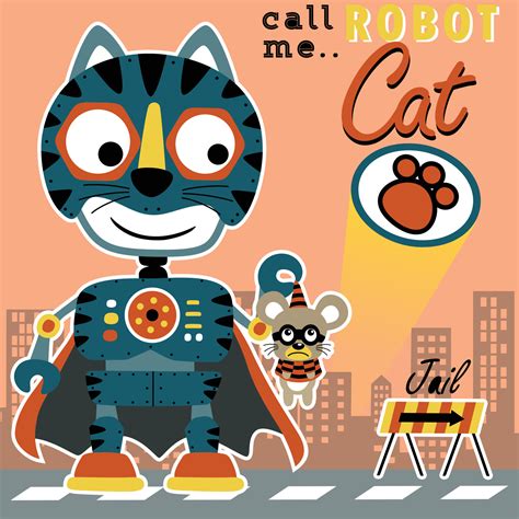 Funny robot cat catching criminal mouse on buildings background, vector ...