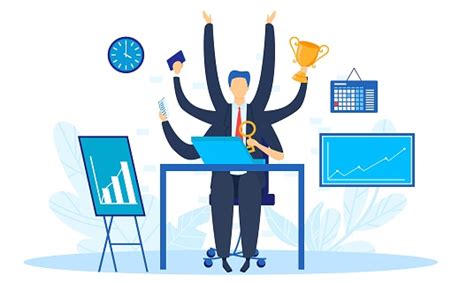 멀티 태스킹 및 멀티 스킬 작업을 가진 비즈니스 작업 멀티 작업 개념 벡터 일러스트레이션 만화 사업가 캐릭터 기술에 대한 스톡