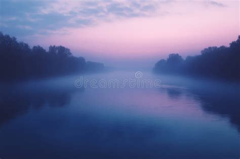 A Mystical River Landscape With A Gradient Sky Blending From A Soft Lavender At The Horizon To A