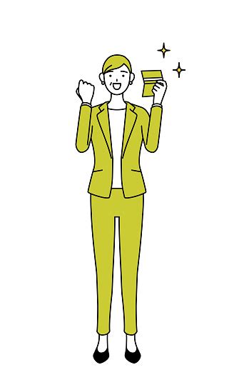 양복을 입은 시니어 여성 여성 매니저 통장을 보고 기뻐하는 커리어 우먼의 간단한 선 그리기 그림 은행 계좌에 대한 스톡 벡터