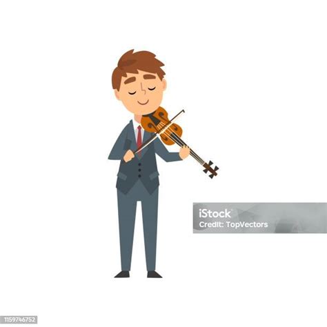 소년 연주 바이올린 재능있는 젊은 바이올리니스트 캐릭터 연주 어쿠스틱 악기 클래식 음악 벡터 일러스트의 콘서트 Classical Concert에 대한 스톡 벡터 아트 및