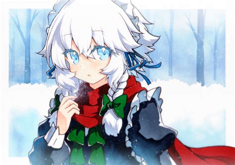 Safebooru 1girl Bare Tree Blue Eyes Blue Ribbon Border Bow Braid