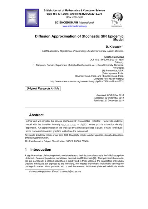 Pdf Diffusion Approximation Of Stochastic Sir Epidemic Model