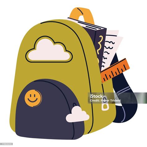 어린이 배낭 학교 가방 어린이 책가방 문구류가 들어 있는 가방 학습 용품 책 종이 통치자가 있는 유치한 배낭을 엽니다 흰색 배경에 분리된 평면 벡터 삽화 0명에 대한 스톡