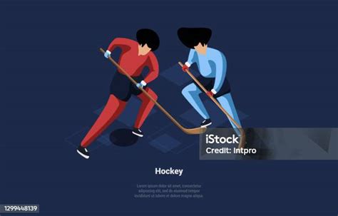 만화 3d 스타일의 벡터 일러스트레이션 쓰기와 어두운 배경에 등색 구성 하키를 연주하는 빨간색과 파란색 유니폼의 두 남성 캐릭터 활동적인 겨울 스포츠 게임을 위한 사람 훈련