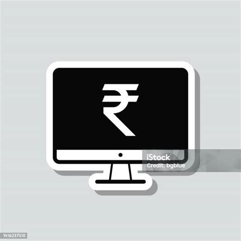 인도 루피 기호가있는 데스크톱 컴퓨터 회색 배경에 아이콘 스티커 0명에 대한 스톡 벡터 아트 및 기타 이미지 0명 3차원