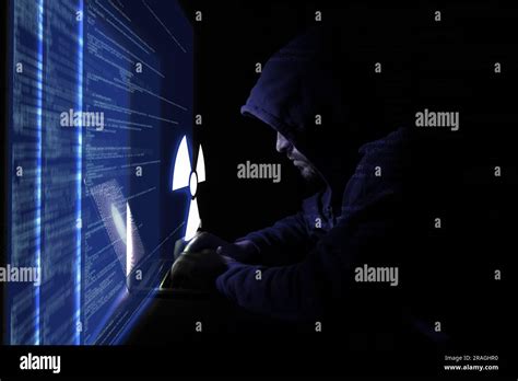 Nuclear Deterrence Hacker Using Computer In Darkness Virtual Screen