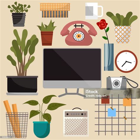 현대적인 디자인 벡터 인테리어 아이템은 작업 공간 작업장 내부의 창의적인 사무실 공간을 설정합니다 0명에 대한 스톡 벡터 아트 및 기타 이미지 Istock