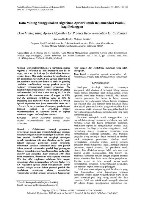 Pdf Data Mining Menggunakan Algoritma Apriori Untuk Rekomendasi