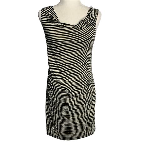 Ann Taylor Loft Cowl Neck Mini Dress S Black Striped Lined Ruched Side