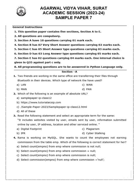 Ip Sample Paper 7 Pdf Spreadsheet Computing