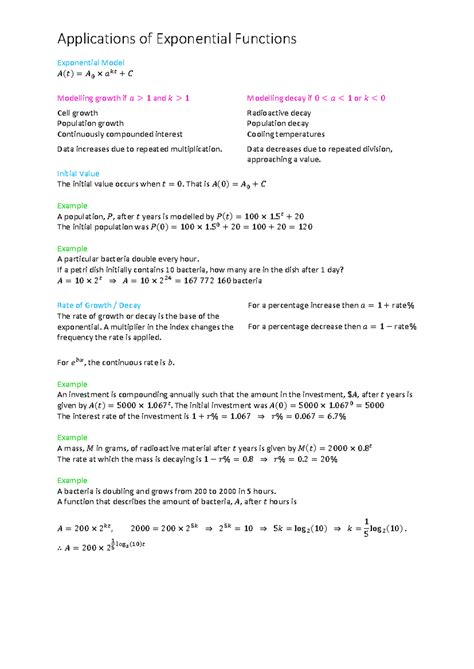 Applications Of Exponential Functions Exponential Model 𝐴𝑡 𝐴଴ × 𝑎