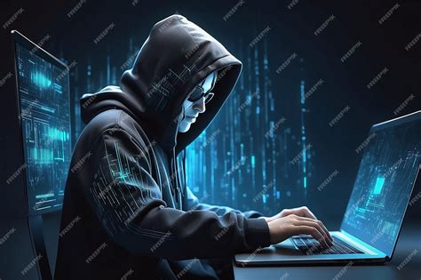 Premium Photo Hacker In A Hood Using A Laptop Coding And Data On A Code Background Digital