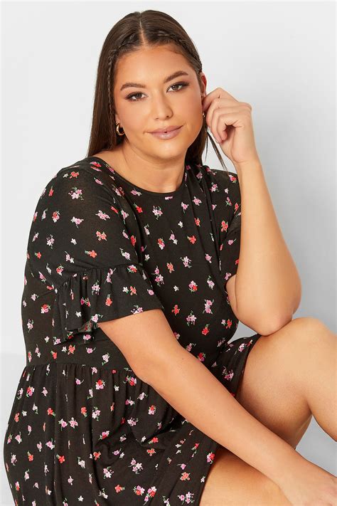 Yours Curve Plus Size Black And Pink Ditsy Floral Print Smock Tunic Dress