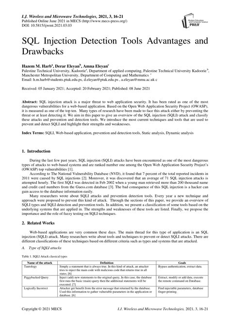 Pdf Sql Injection Detection Tools Advantages And Drawbacks