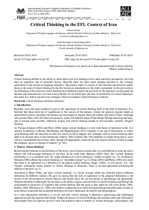 Pdf Critical Thinking In The Efl Context Of Iran