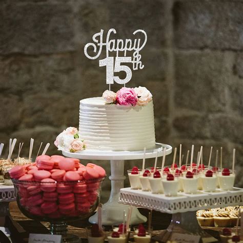 Lingteer Happy 15th Birthday Silver Rhinestone Cake Topper Cheers To