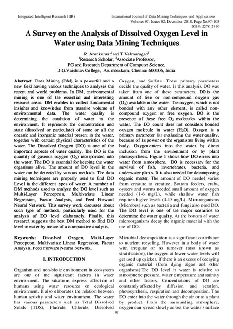 Pdf A Survey On The Analysis Of Dissolved Oxygen Level In Water Using