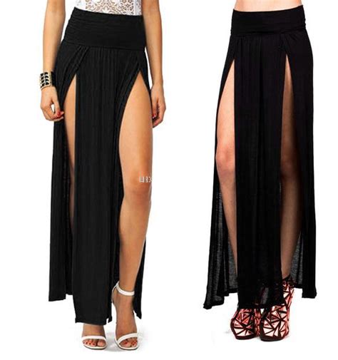 Sexy Women Ladies High Waist Front Double Slit Full Length Open Long