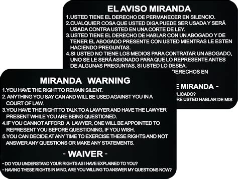 English And Spanish Miranda Rights Thick Card Metal
