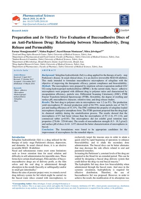 Pdf Preparation And In Vitro Ex Vivo Evaluation Of Buccoadhesive Discs Of An Anti Parkinson