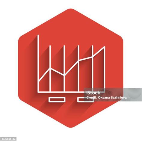 흰색 선 원형 차트 인포 그래픽 아이콘이 긴 그림자로 분리되어 있습니다 다이어그램 차트 기호입니다 빨간색 육각 버튼 벡터