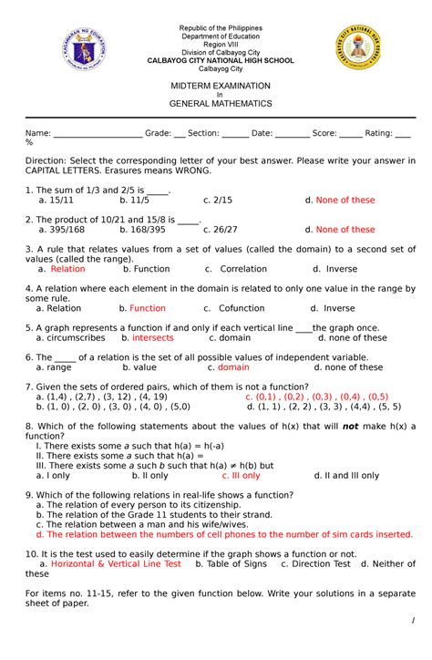 Midterm Exam General Math Republic Of The Philippines Department Of