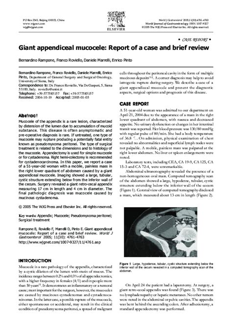 Pdf Giant Appendiceal Mucocele Report Of A Case And Brief Review