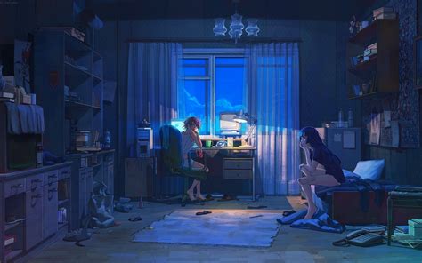 배경 화면 긴 머리 애니메이션 소녀들 짧은 머리 갈색 머리의 방 구름 푸른 컴퓨터 Tv Arsenixc